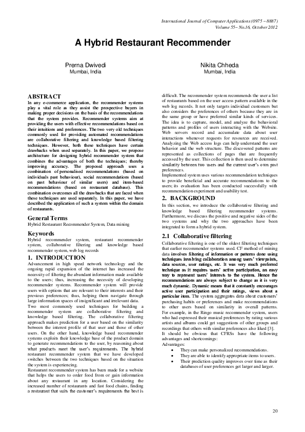 (PDF) A Hybrid Restaurant Recommender General Terms Hybrid Restaurant ...