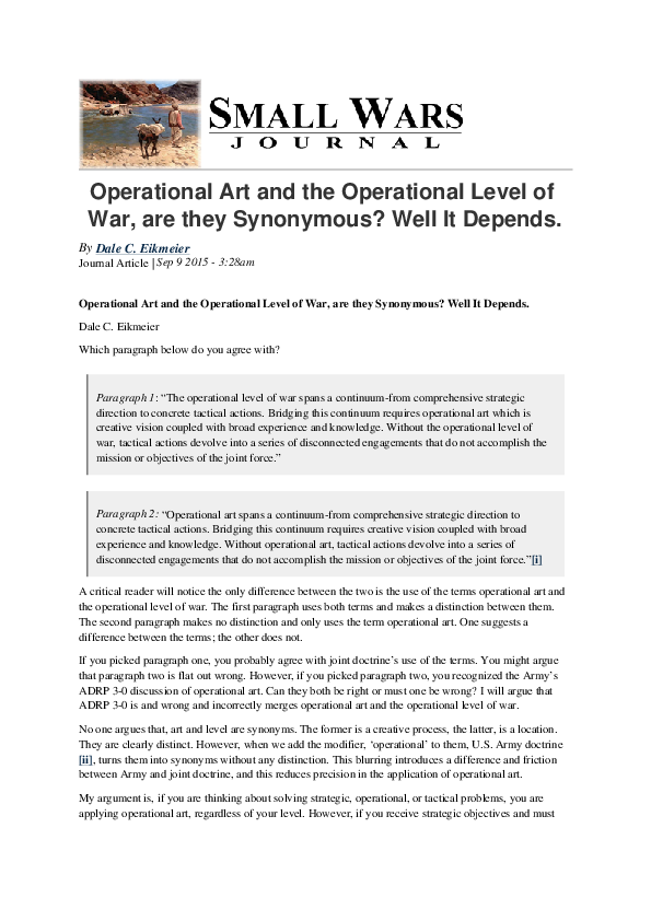 (PDF) Operational Art and the Operational Level of War, are they ...