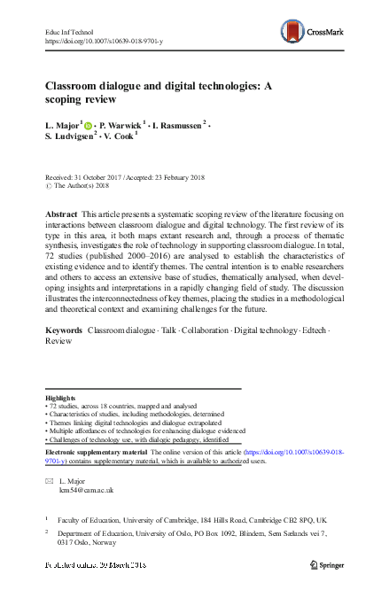 (PDF) Classroom dialogue and digital technologies: A scoping review