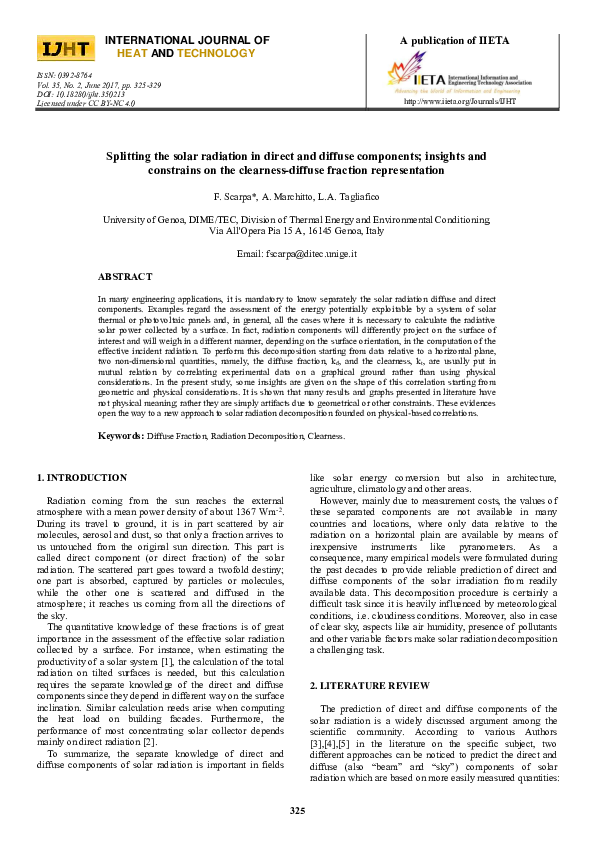 Pdf Splitting The Solar Radiation In Direct And Diffuse Components Insights And Constrains On