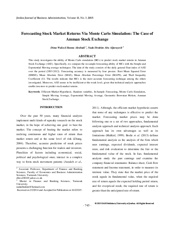 Pdf Forecasting Stock Market Returns Via Monte Carlo Simulation The