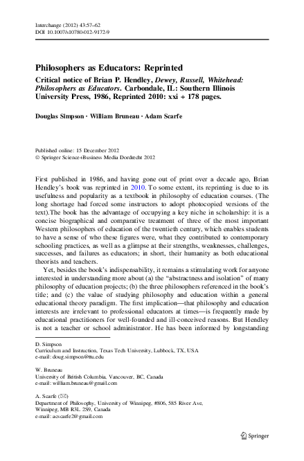 (PDF) Dewey, Russell , Whitehead: Philosophers as Educators by Brian P ...