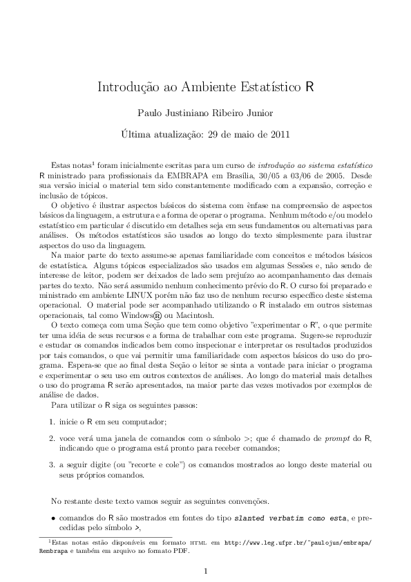 (PDF) Introdução ao Ambiente Estatístico R