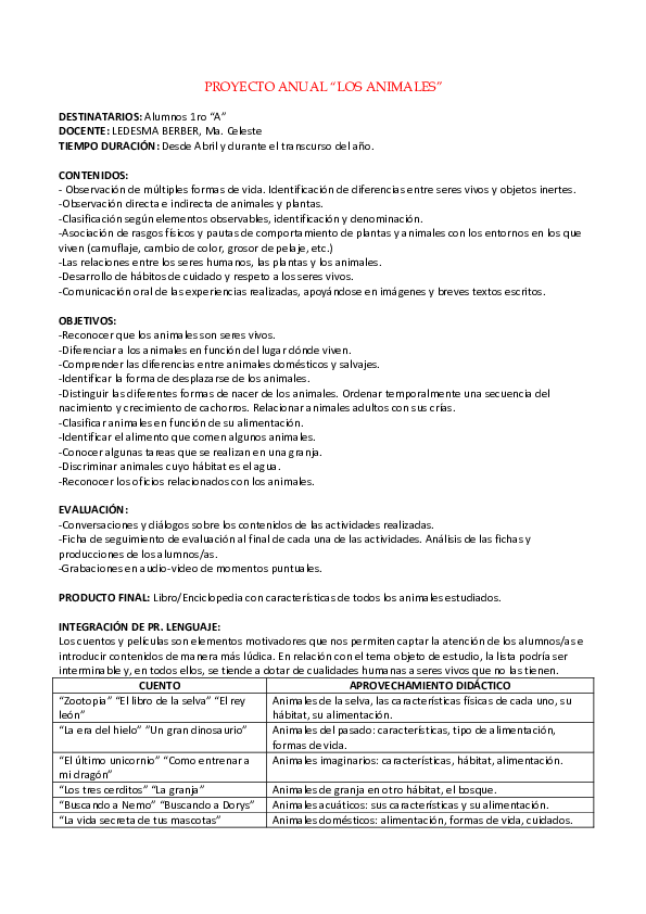 (DOC) PROYECTO ANUAL " LOS ANIMALES