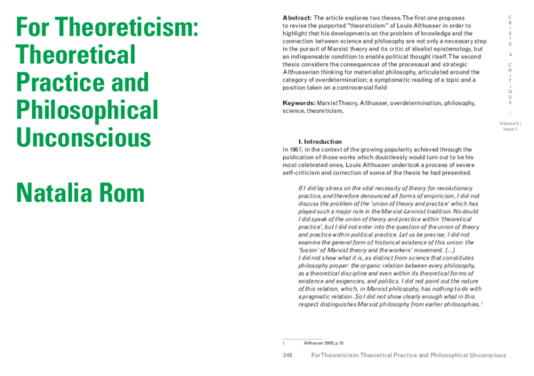 (PDF) For Theoreticism: Theoretical Practice and Philosophical Unconscious