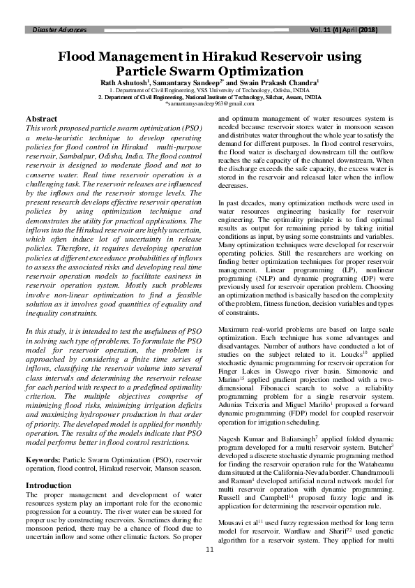 Pdf Flood Management In Hirakud Reservoir Using Particle Swarm Optimization