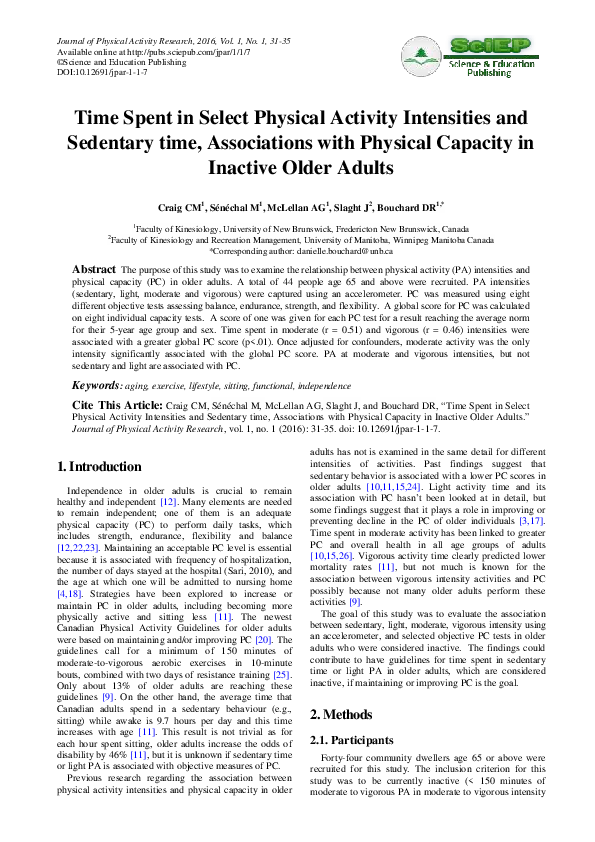 (PDF) Time Spent in Select Physical Activity Intensities and Sedentary time, Associations with ...