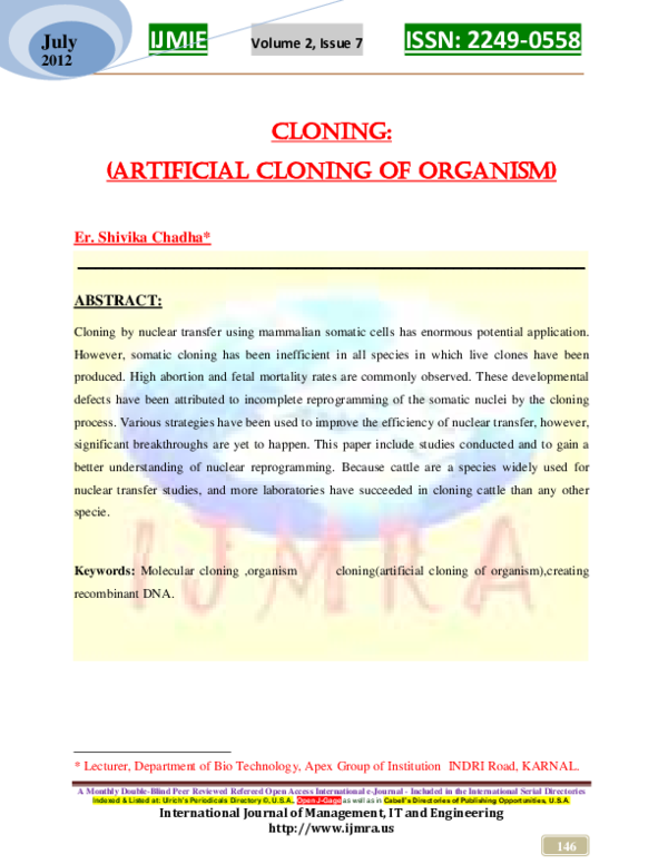 (PDF) CLONING: (Artificial Cloning Of Organism