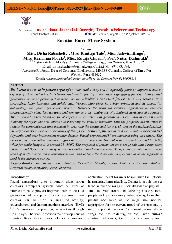 (PDF) Emotion Based Music System