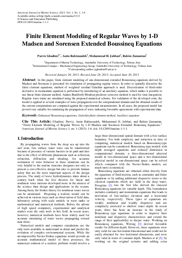 Pdf Finite Element Modeling Of Regular Waves By 1 D Madsen And Sorensen Extended Boussineq