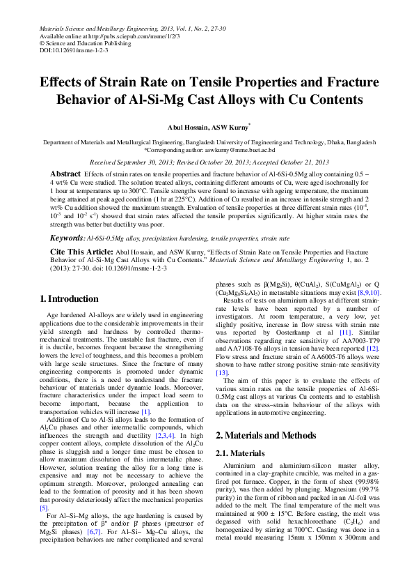 (PDF) Effects of Strain Rate on Tensile Properties and Fracture Behavior of Al-Si-Mg Cast Alloys ...
