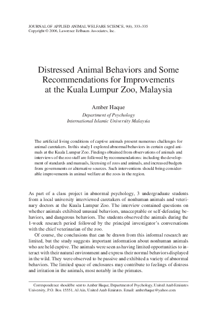 (PDF) Depression in Caged Animals: A Study at the National Zoo, Kuala ...