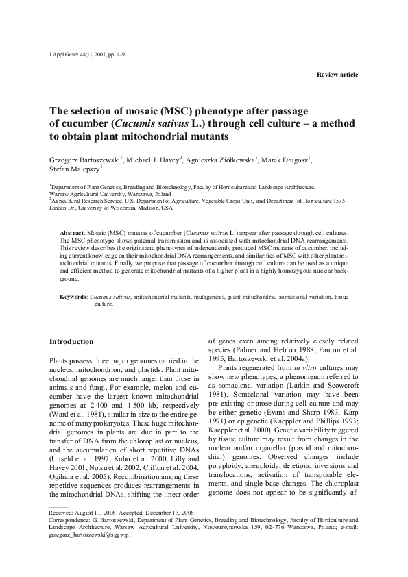 (PDF) The selection of mosaic (MSC) phenotype after passage of cucumber ...