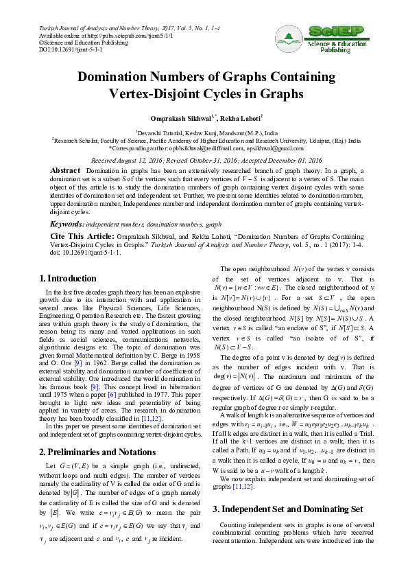(PDF) Domination Numbers of Graphs Containing Vertex-Disjoint Cycles in ...