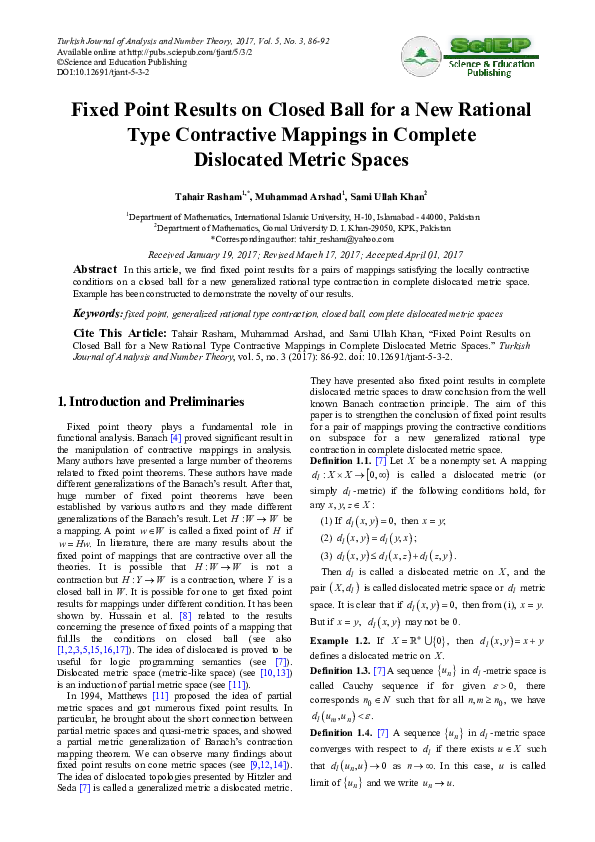 Pdf Fixed Point Results On Closed Ball For A New Rational Type Contractive Mappings In