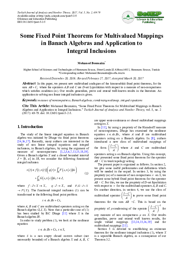 Pdf Some Fixed Point Theorems For Multivalued Mappings In Banach Algebras And Application To