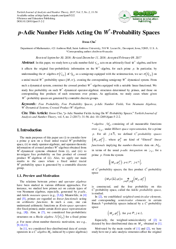 (PDF) p-Adic Number Fields Acting On W * -Probability Spaces