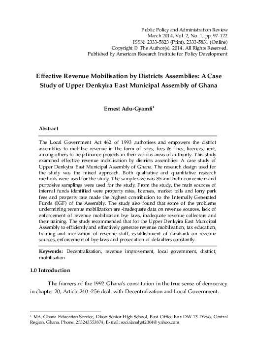 (PDF) Effective Revenue Mobilisation by Districts Assemblies: A Case ...