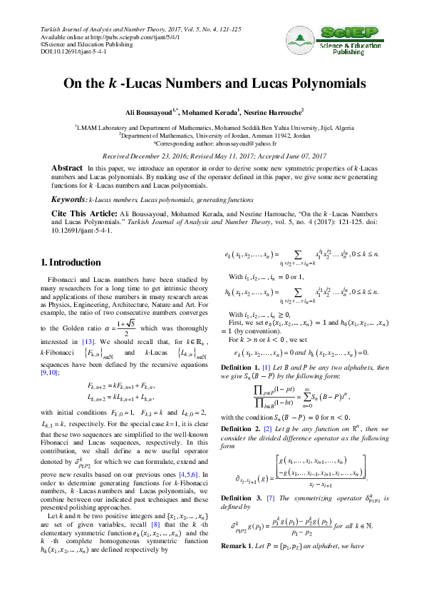 (PDF) On the í µí² í µí² -Lucas Numbers and Lucas Polynomials