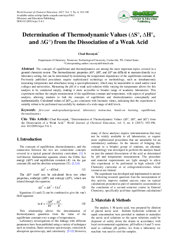 (PDF) Determination of Thermodynamic Values (∆S°, ∆H°, and ∆G°) from ...