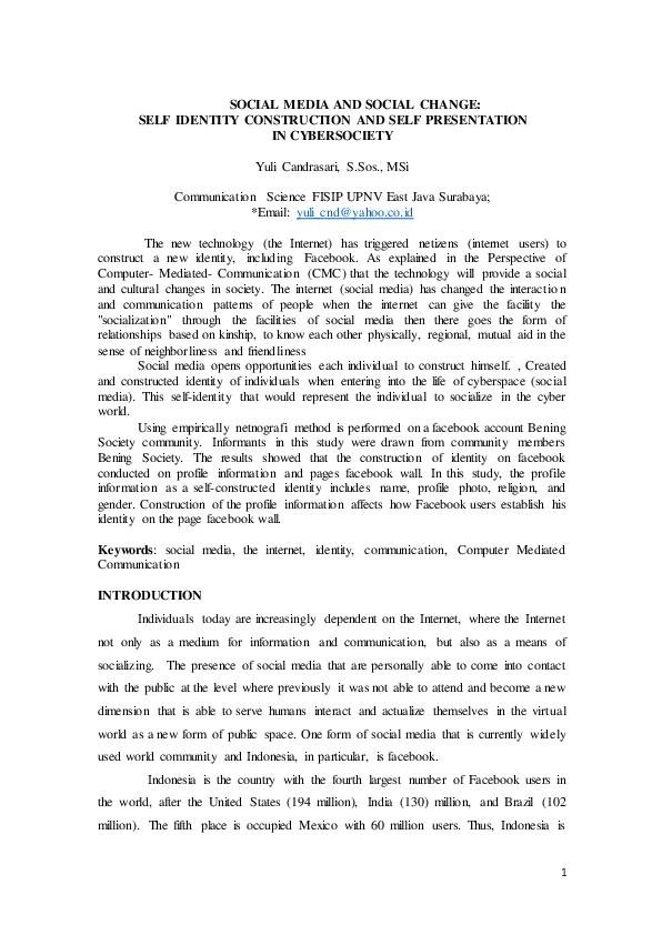 (DOC) SOCIAL MEDIA AND SOCIAL CHANGE: SELF IDENTITY CONSTRUCTION AND ...