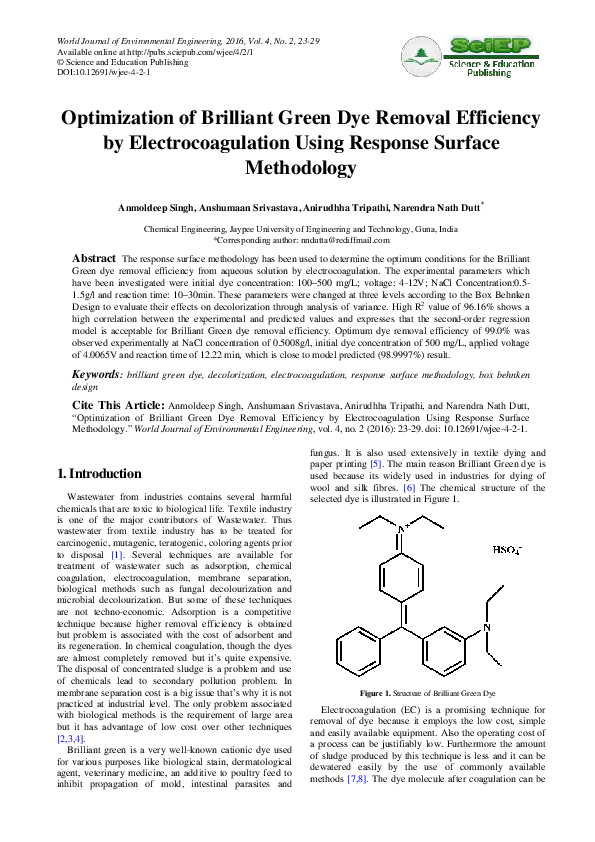 (PDF) Optimization of Brilliant Green Dye Removal Efficiency by Electrocoagulation Using ...