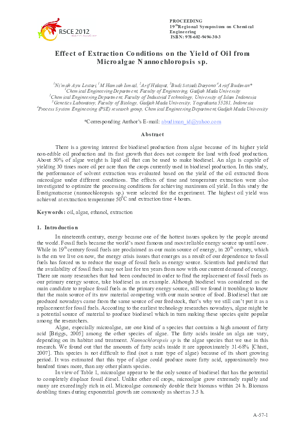 (PDF) Effect of Extraction Conditions on the Yield of Oil from Microalgae Nannochloropsis sp