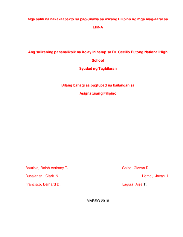 (DOC) Mga salik na nakakaapekto sa pag-unawa sa wikang Filipino ng mga mag-aaral sa EIM-A Ang ...