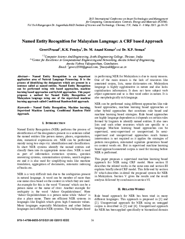 (PDF) Named Entity Recognition for Malayalam Language: A CRF based Approach