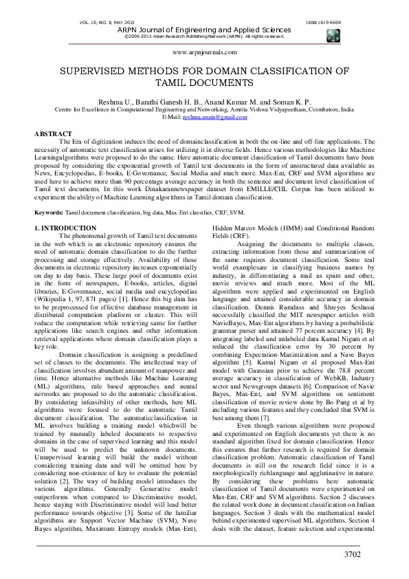 (PDF) SUPERVISED METHODS FOR DOMAIN CLASSIFICATION OF TAMIL DOCUMENTS