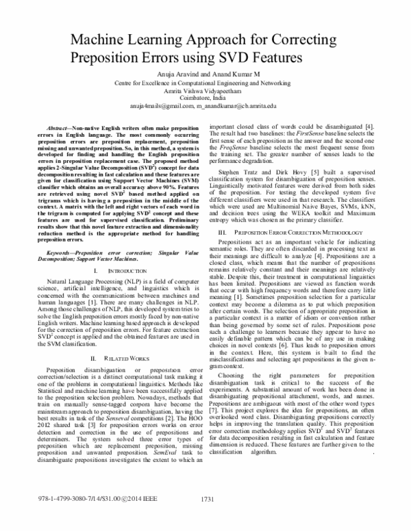 Pdf Machine Learning Approach For Correcting Preposition Errors Using Svd Features Anand