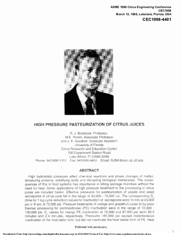 (PDF) HIGH PRESSURE PASTEURIZATION OF CITRUS JUICES CEC1998-4401