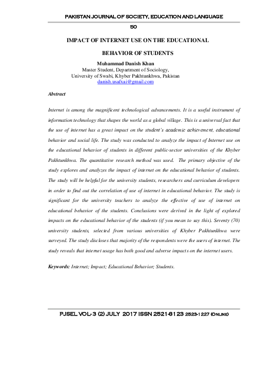 (PDF) IMPACT OF INTERNET USE ON THE EDUCATIONAL BEHAVIOR OF STUDENTS