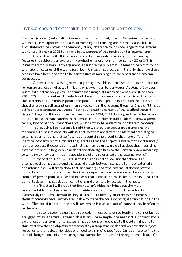 (PDF) Transparency and externalism from a 1st person point of view