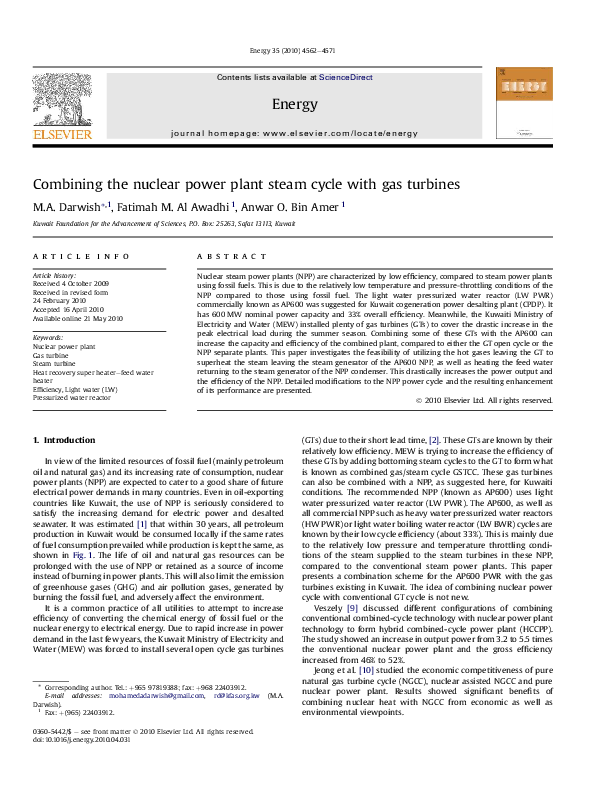 (PDF) Combining the nuclear power plant steam cycle with gas turbines