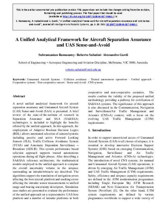 (PDF) A Unified Analytical Framework for Aircraft Separation Assurance and UAS Sense-and-Avoid