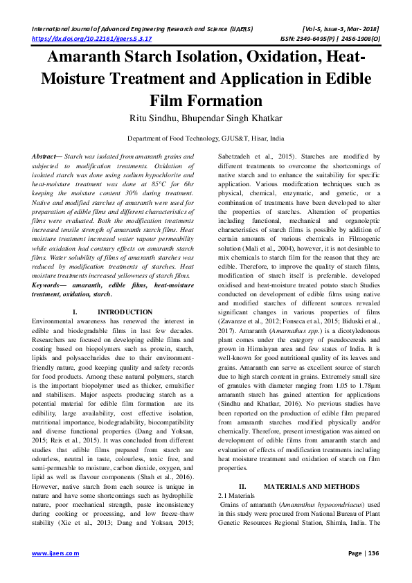 Pdf Amaranth Starch Isolation Oxidation Heat Moisture Treatment And Application In Edible