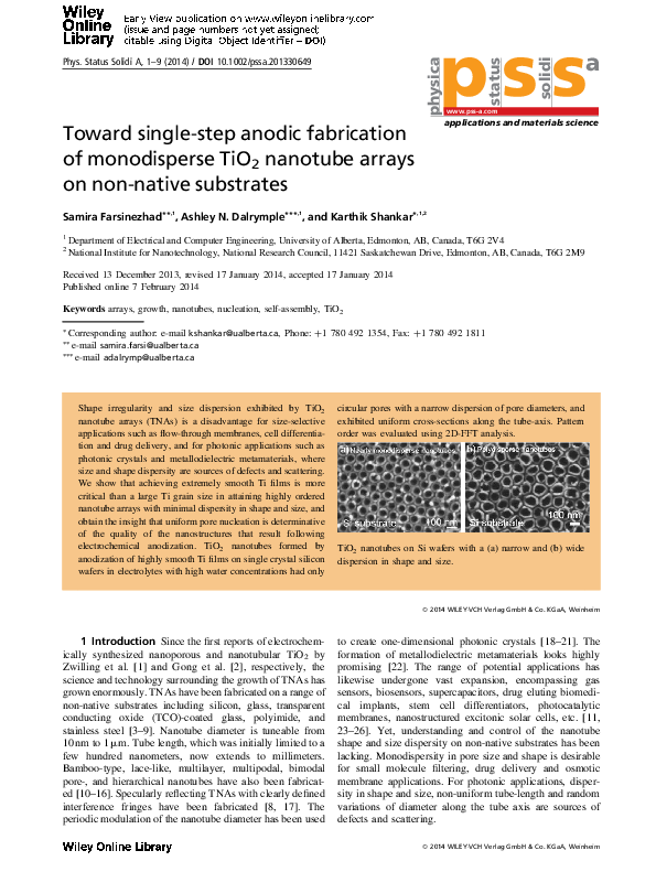 (PDF) Toward single-step anodic fabrication of monodisperse TiO 2 nanotube arrays on non-native ...