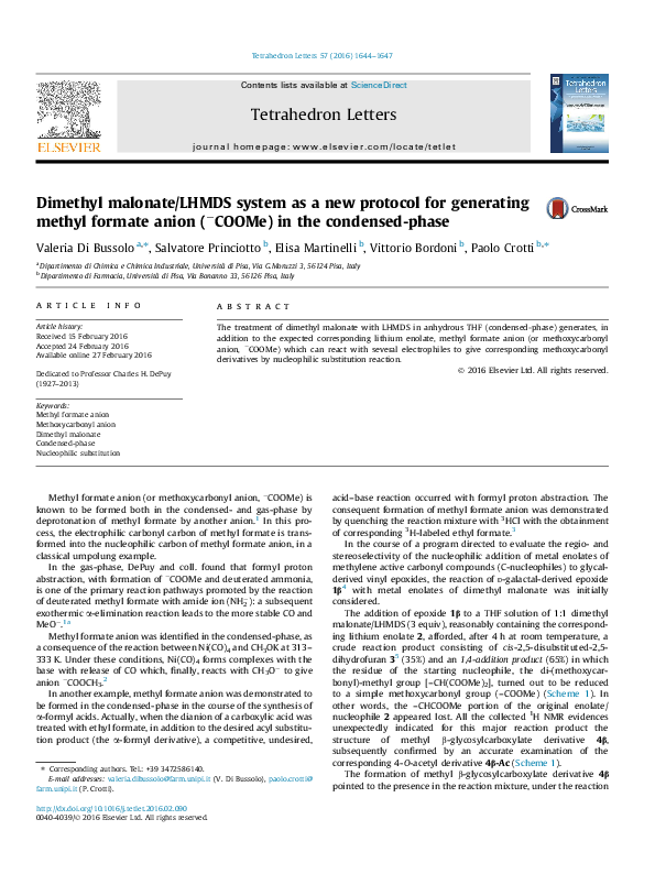 (PDF) Dimethyl malonate/LHMDS system as a new protocol for generating ...