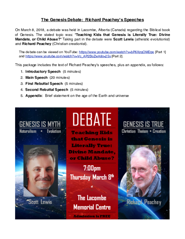 (PDF) The Genesis Debate: Richard Peachey's Speeches