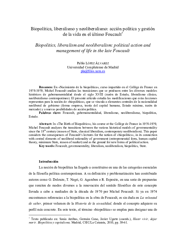 (PDF) Biopolítica, liberalismo y neoliberalismo: acción política y ...