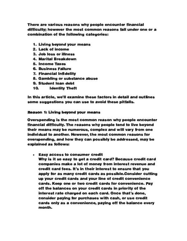 (DOC) The Top 10 Reasons for Financial Difficulty