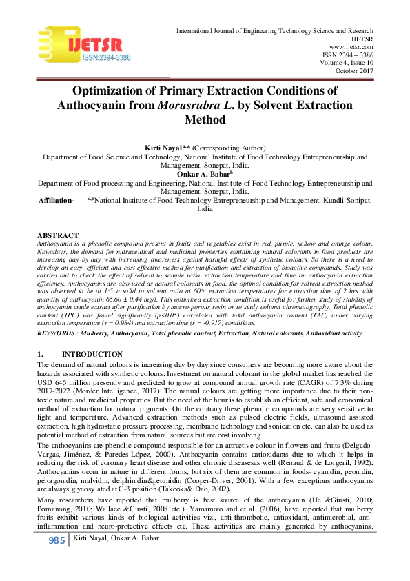 (PDF) Optimization of Primary Extraction Conditions of Anthocyanin from ...