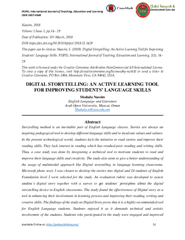 (PDF) DIGITAL STORYTELLING: AN ACTIVE LEARNING TOOL FOR IMPROVING ...