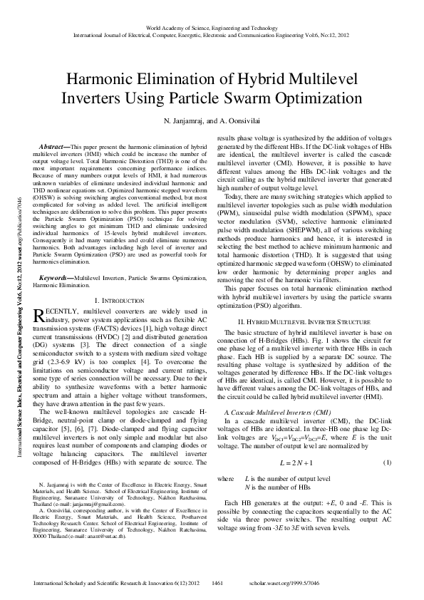 (PDF) Harmonic Elimination of Hybrid Multilevel Inverters Using Particle Swarm Optimization