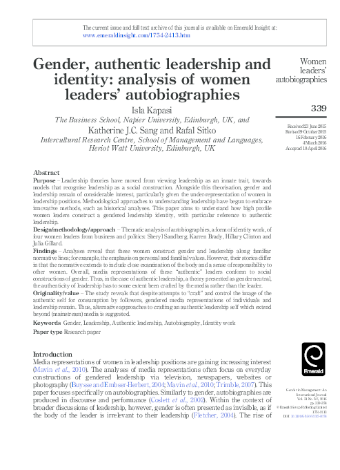 (PDF) Gender, authentic leadership and identity: analysis of women ...