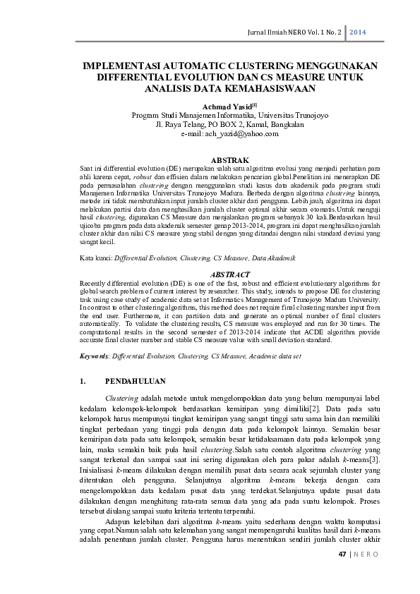 Pdf Implementasi Automatic Clustering Menggunakan Differential Evolution Dan Cs Measure Untuk