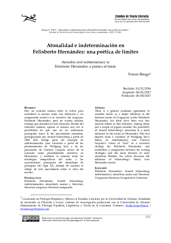 (PDF) Atonalidad e indeterminación en Felisberto Hernández: una poética ...