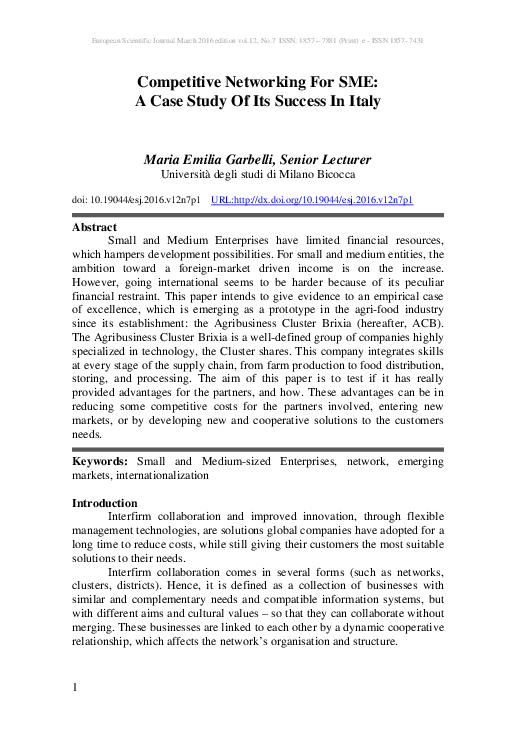 (PDF) Competitive Networking For SME: A Case Study Of Its Success In Italy
