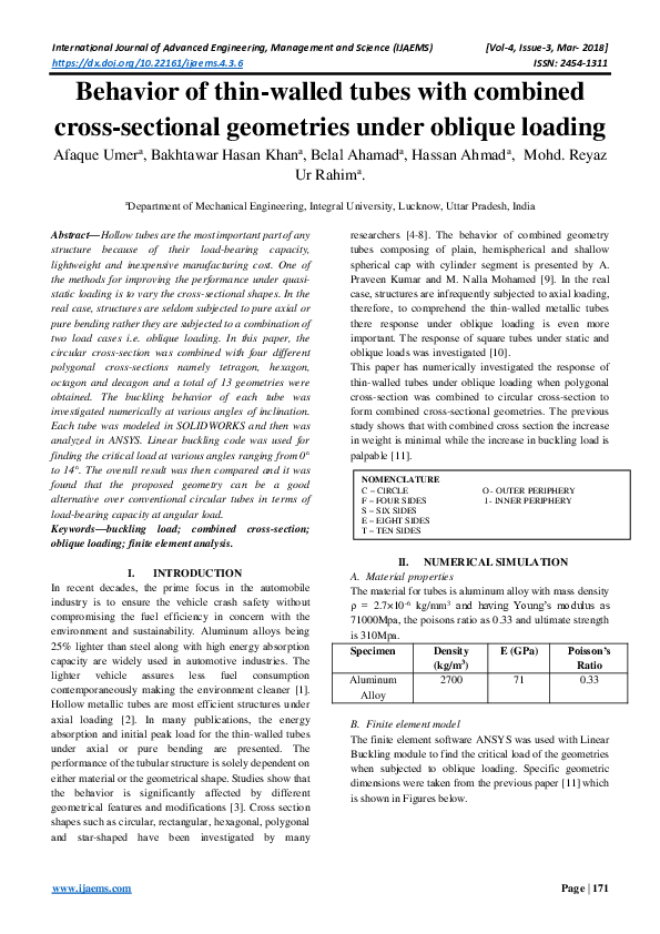 Pdf Behavior Of Thin Walled Tubes With Combined Cross Sectional Geometries Under Oblique Loading